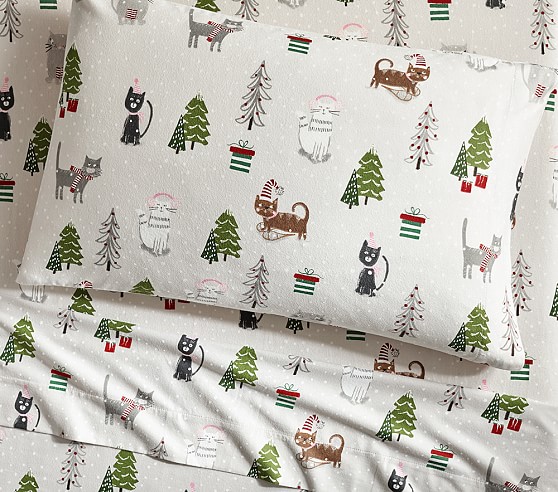 Holiday Cat Flannel Sheet Set | Pottery Barn Kids